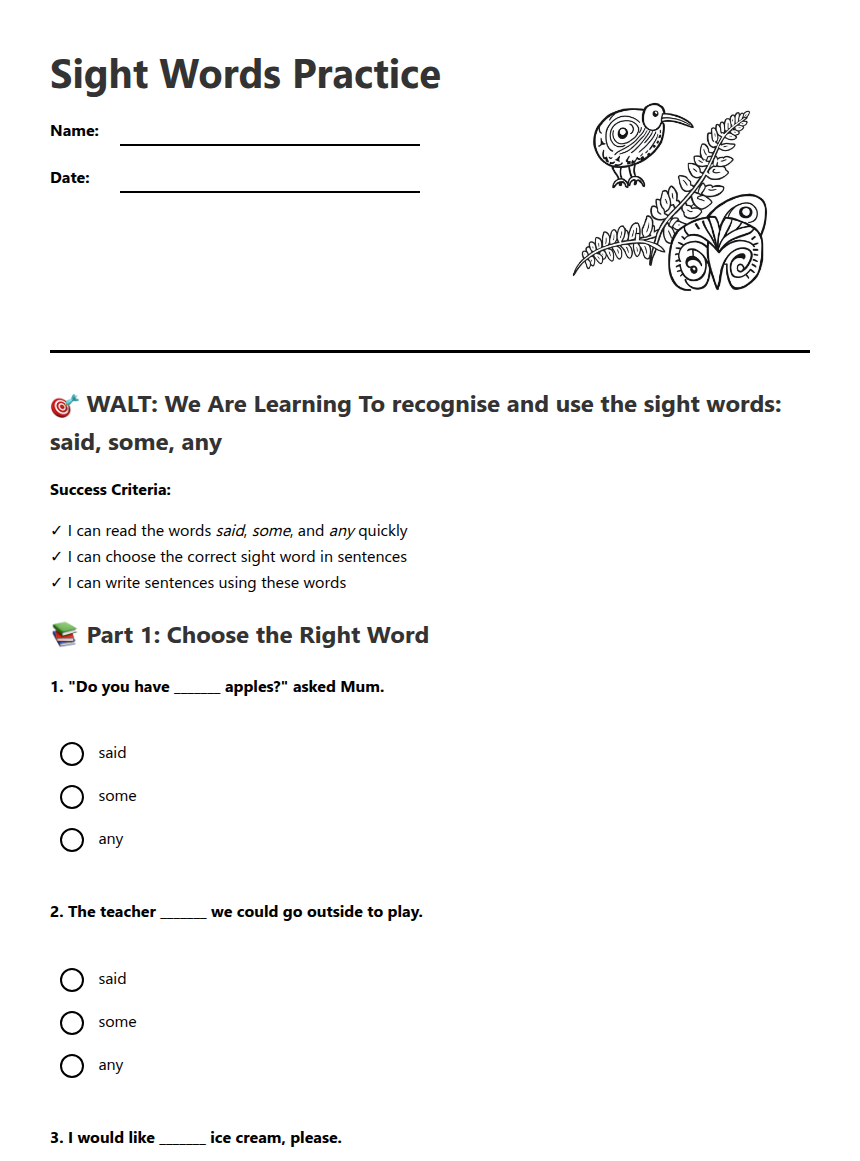 Sight Words Practice — Free Printable Worksheet | Kuraplan