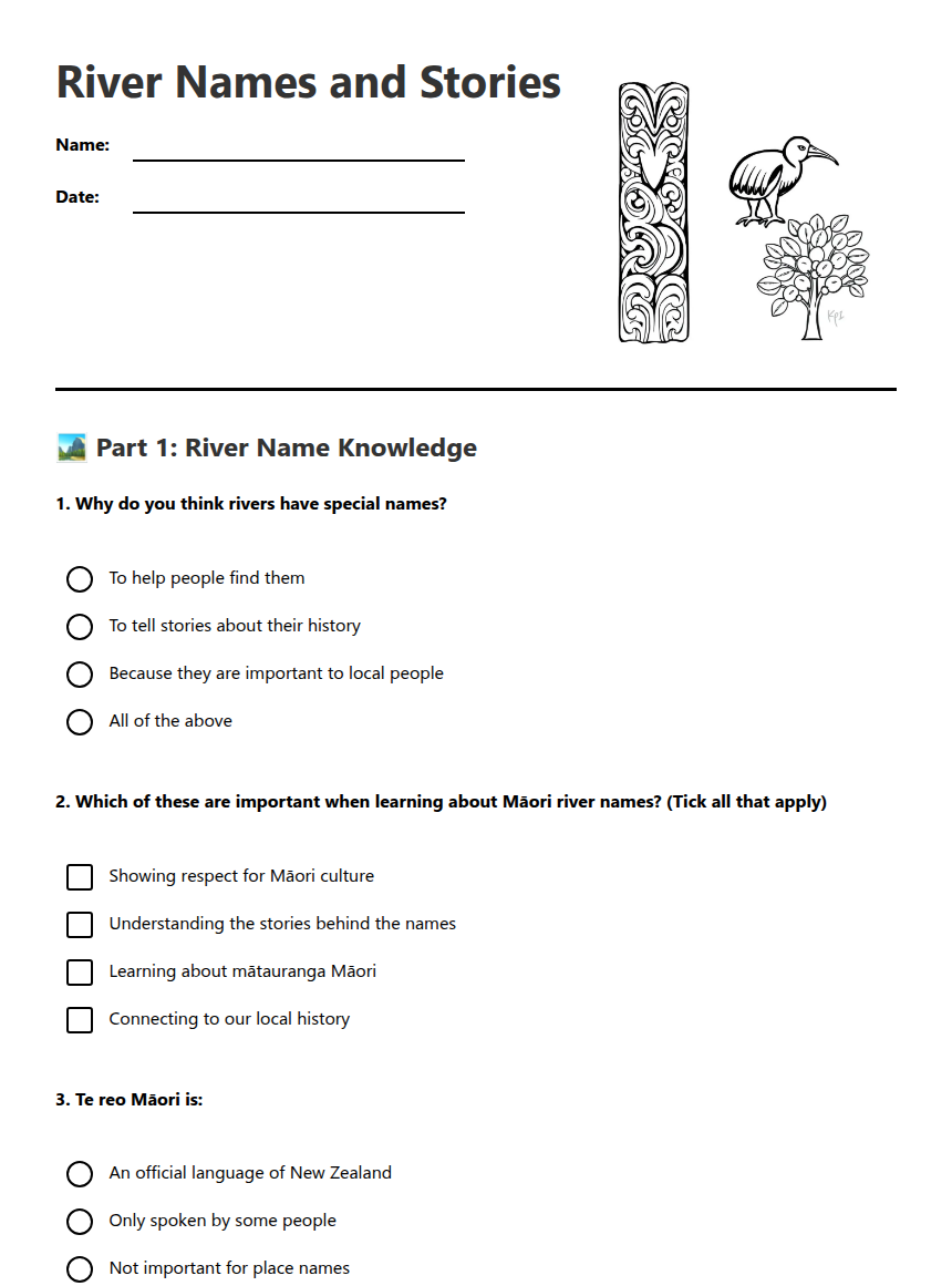 River Names and Stories — Free Printable Worksheet for NZ History ...