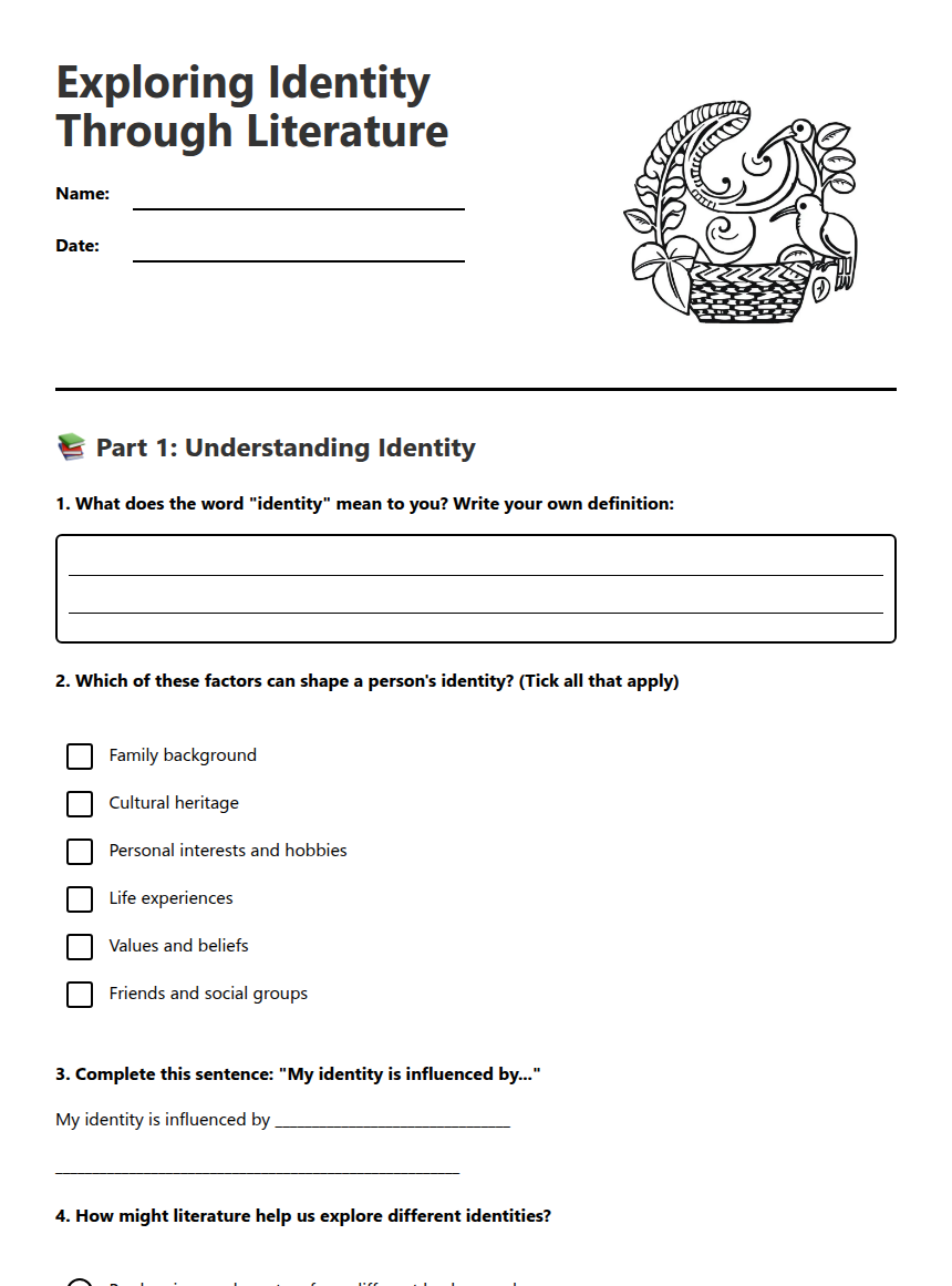 Exploring Identity Through Literature — Free Printable Worksheet | Kuraplan