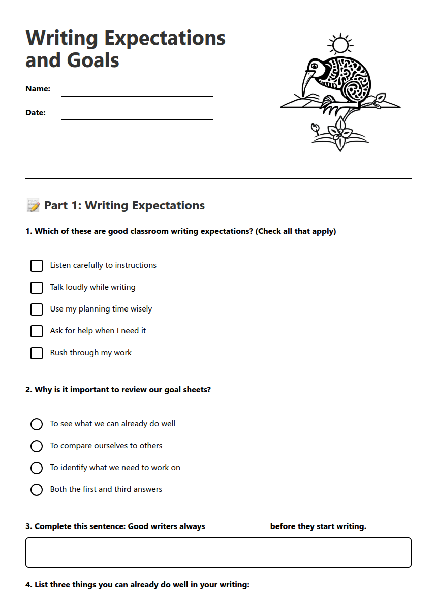 Writing Expectations and Goals — Free Printable Worksheet for English ...