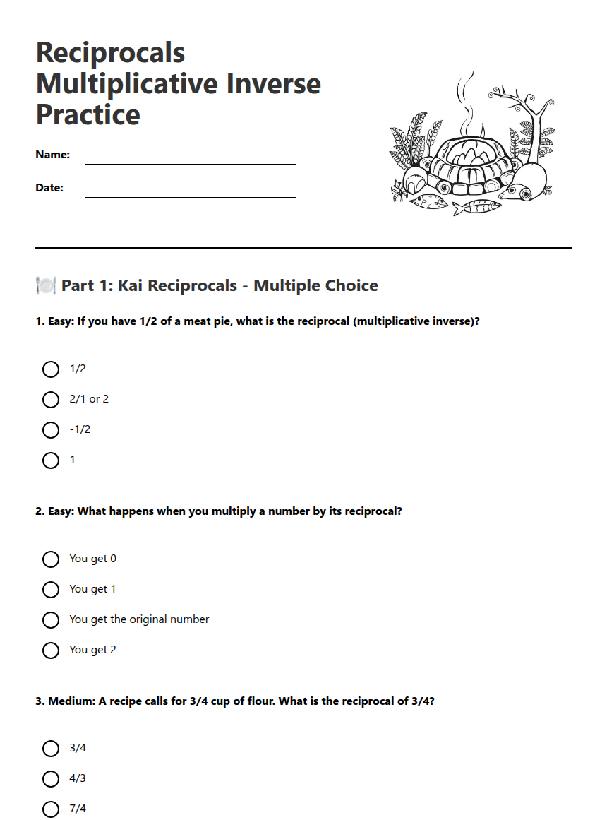 Reciprocals Multiplicative Inverse Practice — Free Printable Worksheet ...