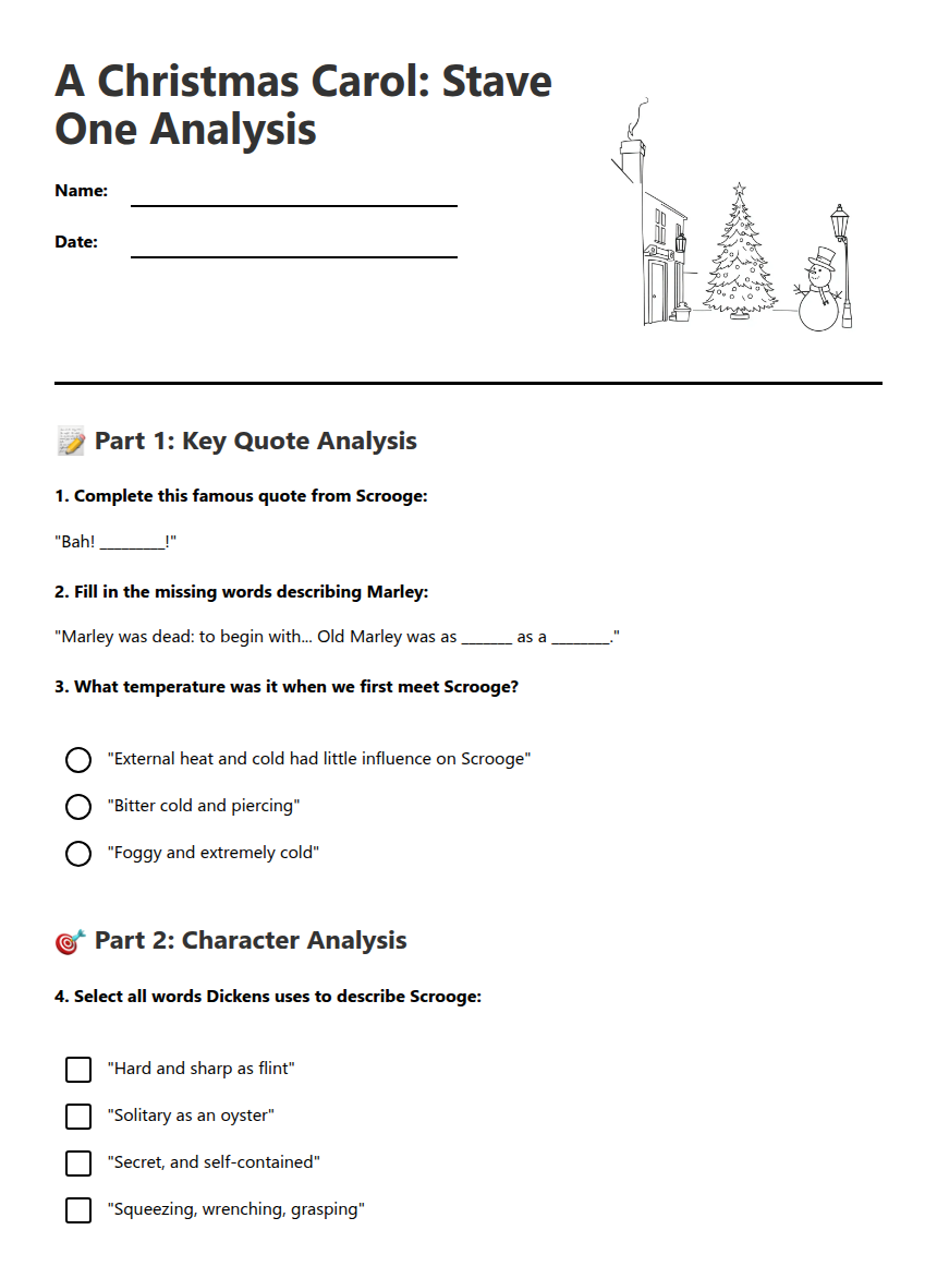 A Christmas Carol: Stave One — Free Printable Worksheet for English ...
