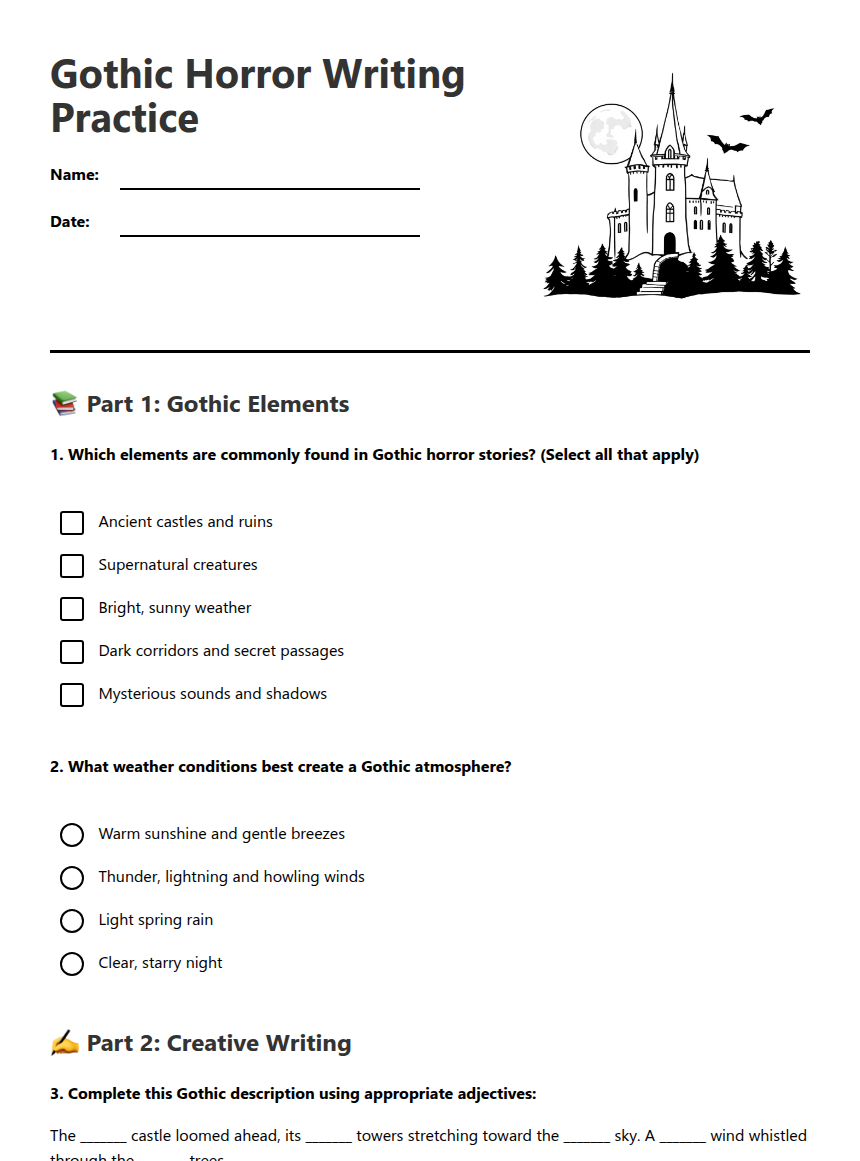 Gothic Horror Writing Practice — Free Printable Worksheet for English ...