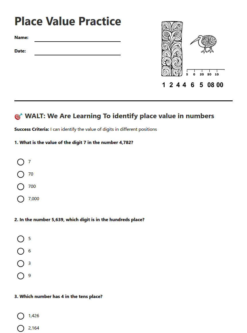 Place Value Practice — Free Printable Worksheet for Maths | Kuraplan
