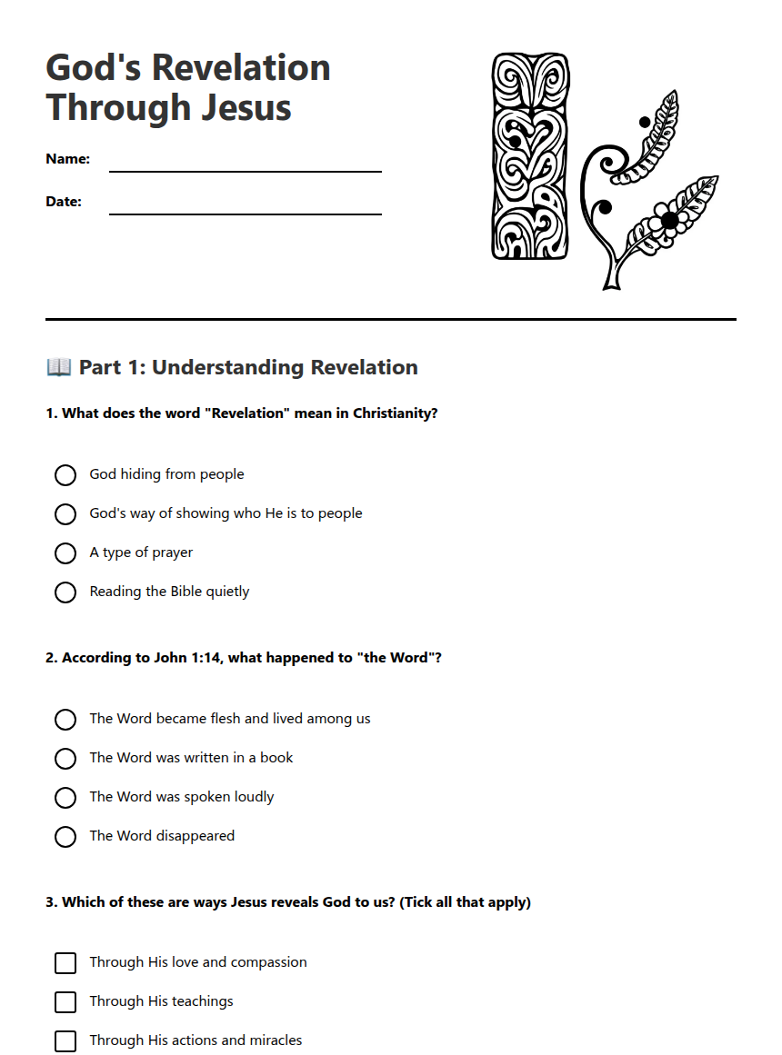 God's Revelation Through Jesus — Free Printable Worksheet for Religious ...