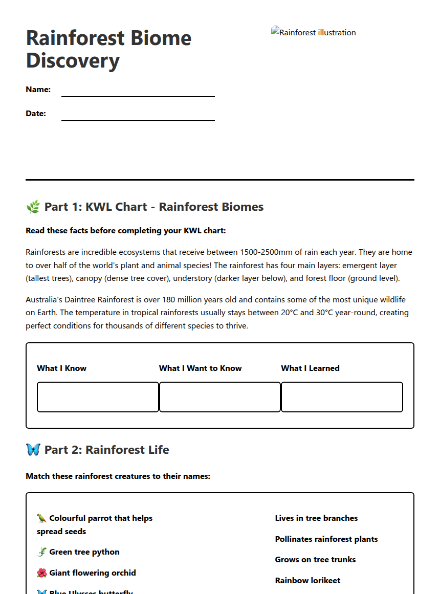 Rainforest Biome Discovery — Free Printable Worksheet for Science ...