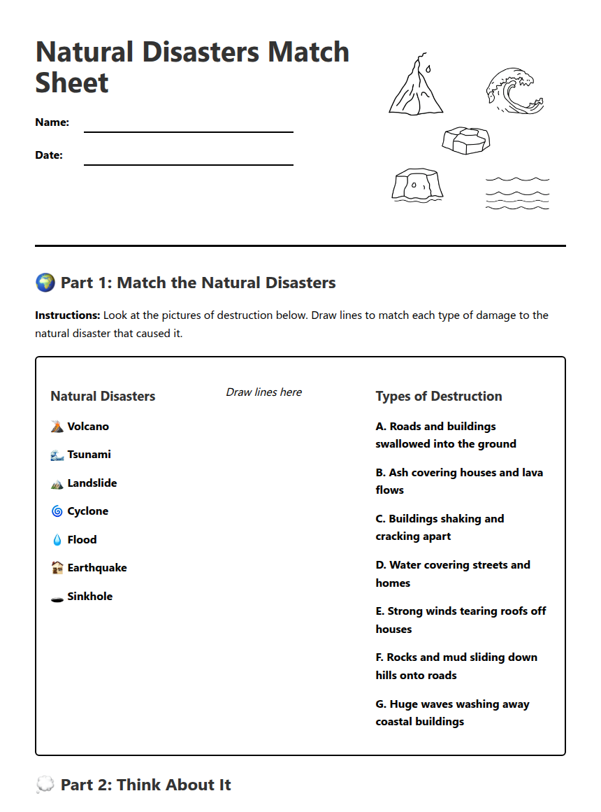 Natural Disasters Match Sheet — Free Printable Worksheet for Science ...