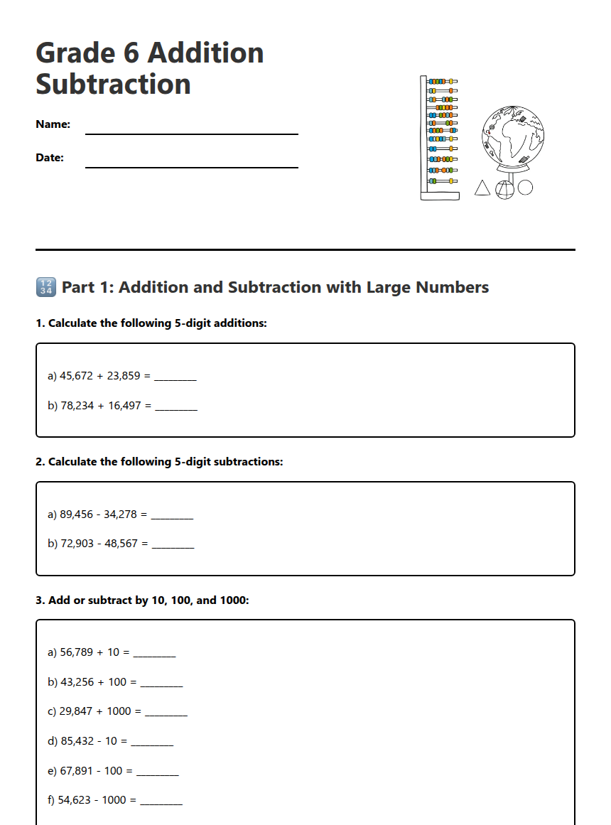 Grade 6 Addition Subtraction — Free Printable Worksheet for Mathematics ...