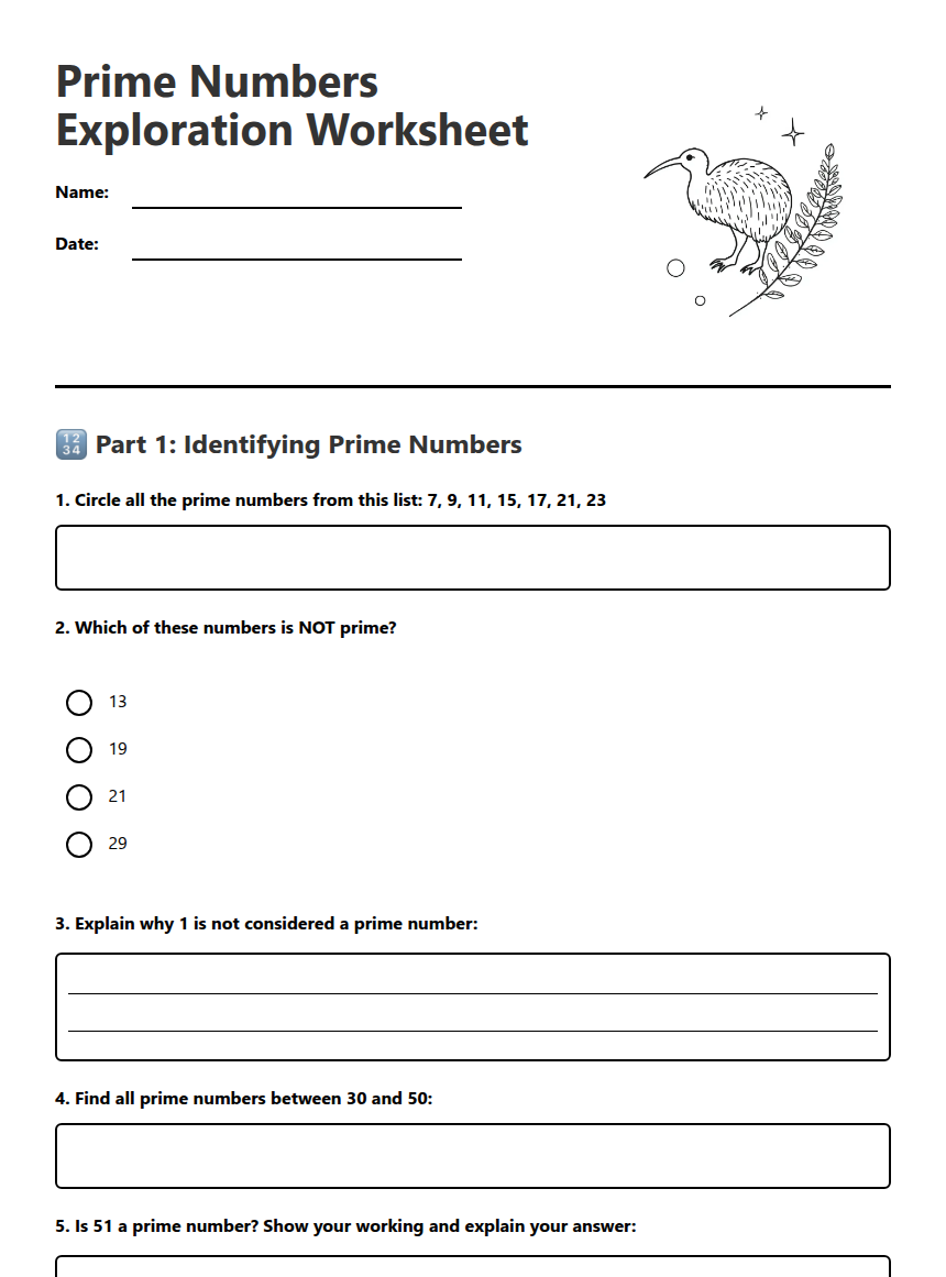 Prime Numbers Exploration Worksheet — Free Printable Worksheet for ...