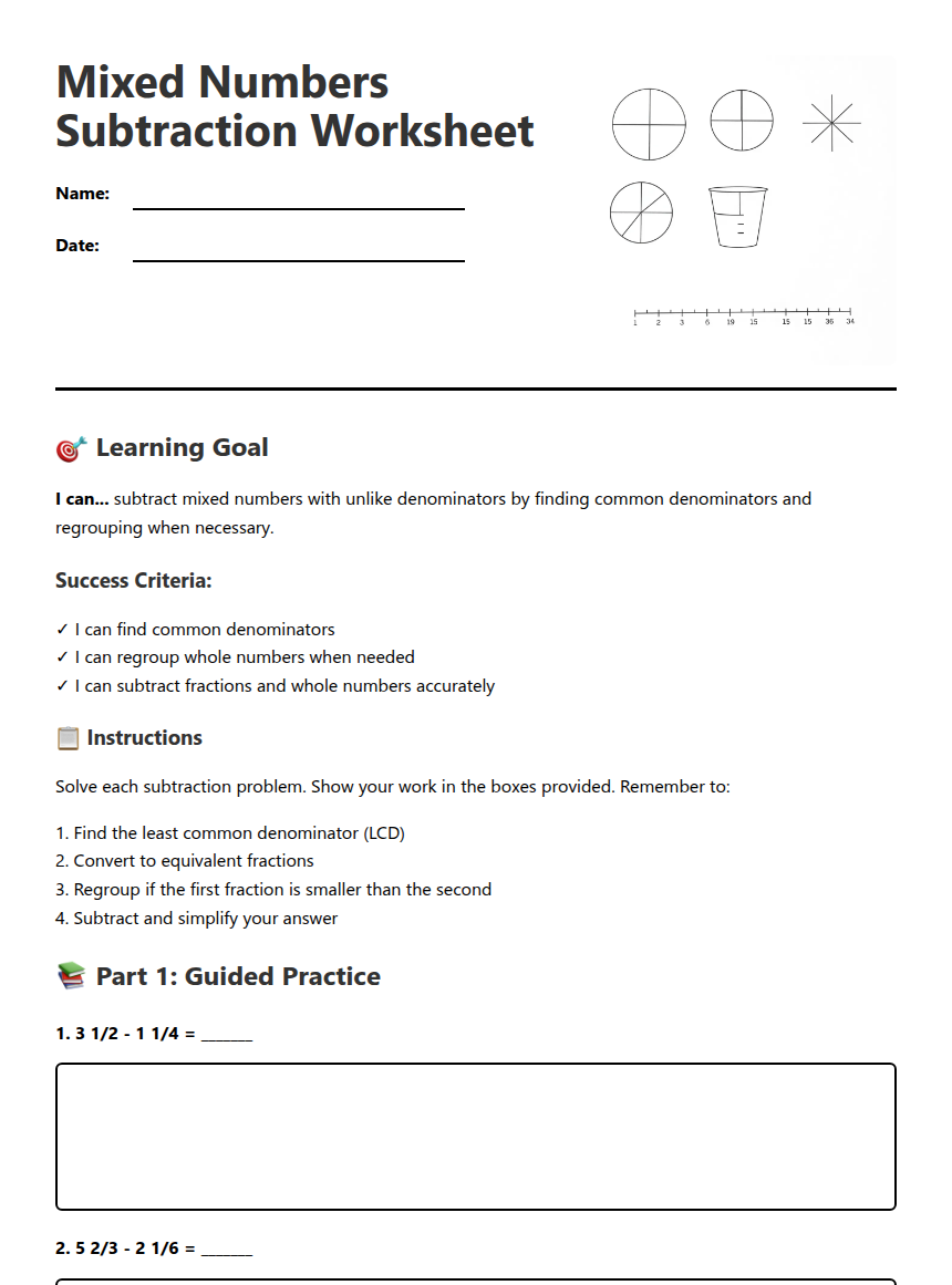 Mixed Numbers Subtraction Worksheet — Free Printable Worksheet for ...