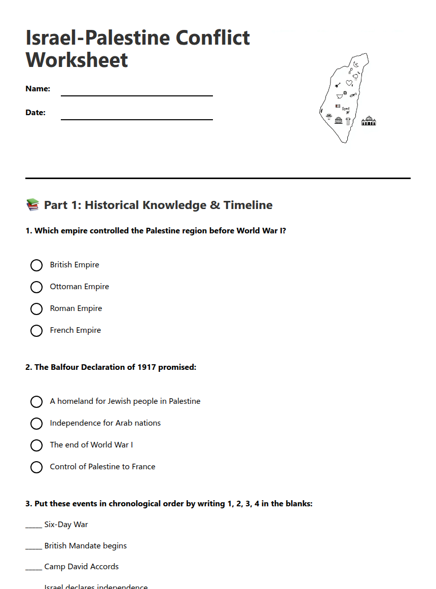 Israel-Palestine Conflict Worksheet — Free Printable Worksheet for ...