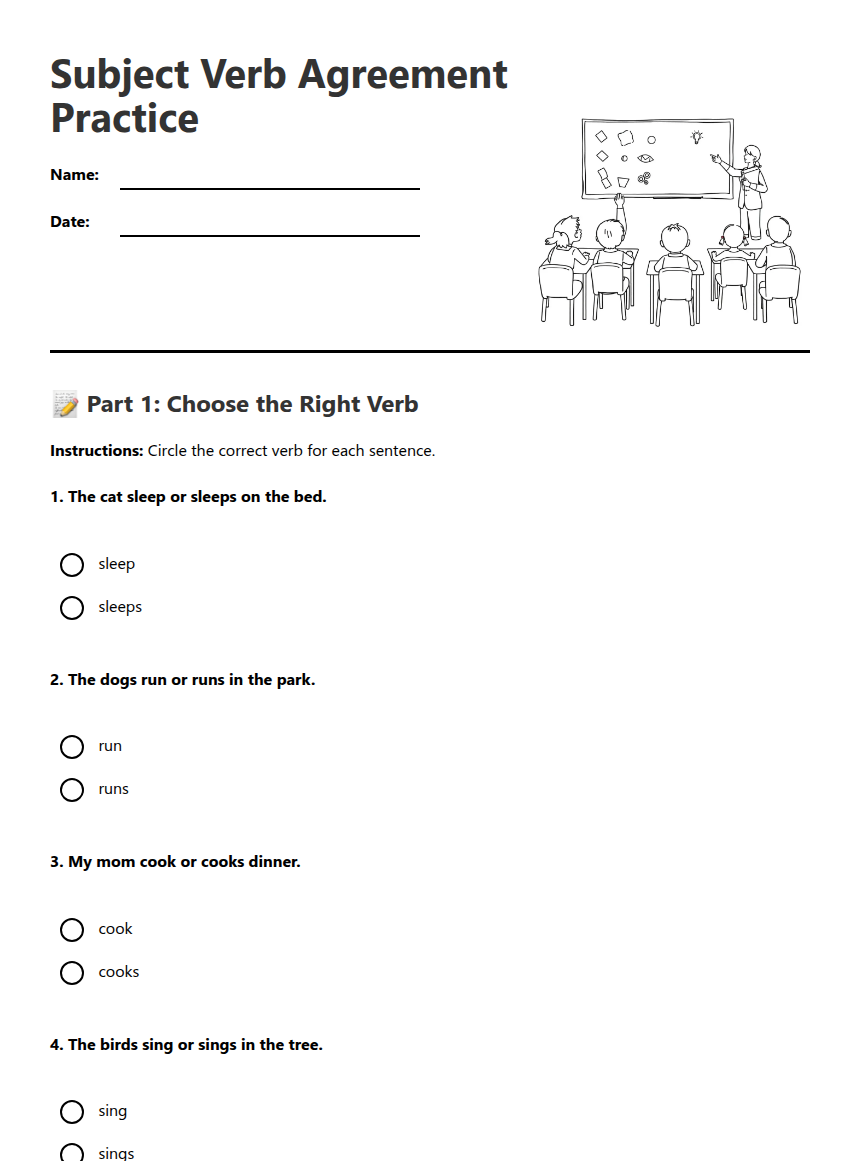 Subject Verb Agreement Practice — Free Printable Worksheet for English ...
