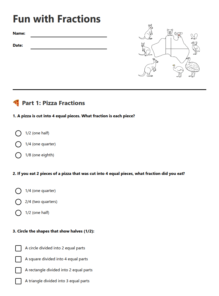 Fun with Fractions — Free Printable Worksheet for Math | Kuraplan