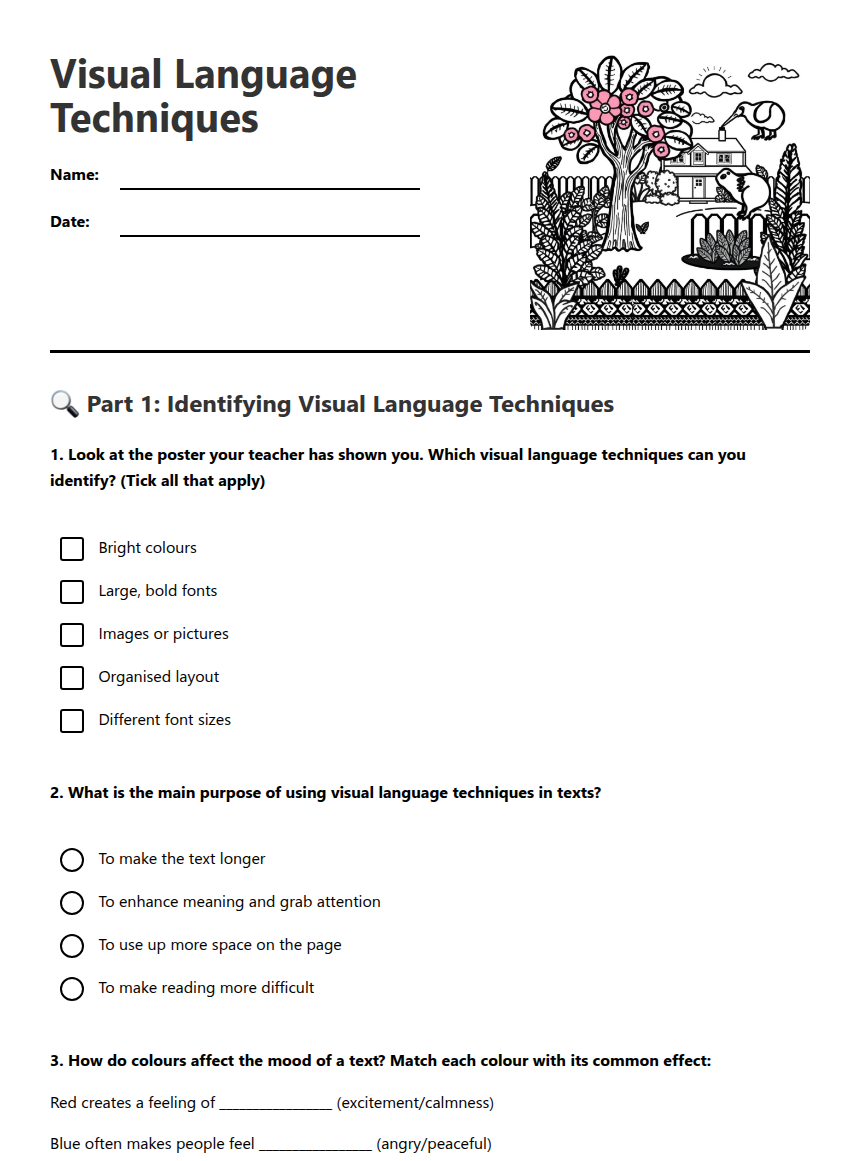 Visual Language Techniques — Free Printable Worksheet for English ...
