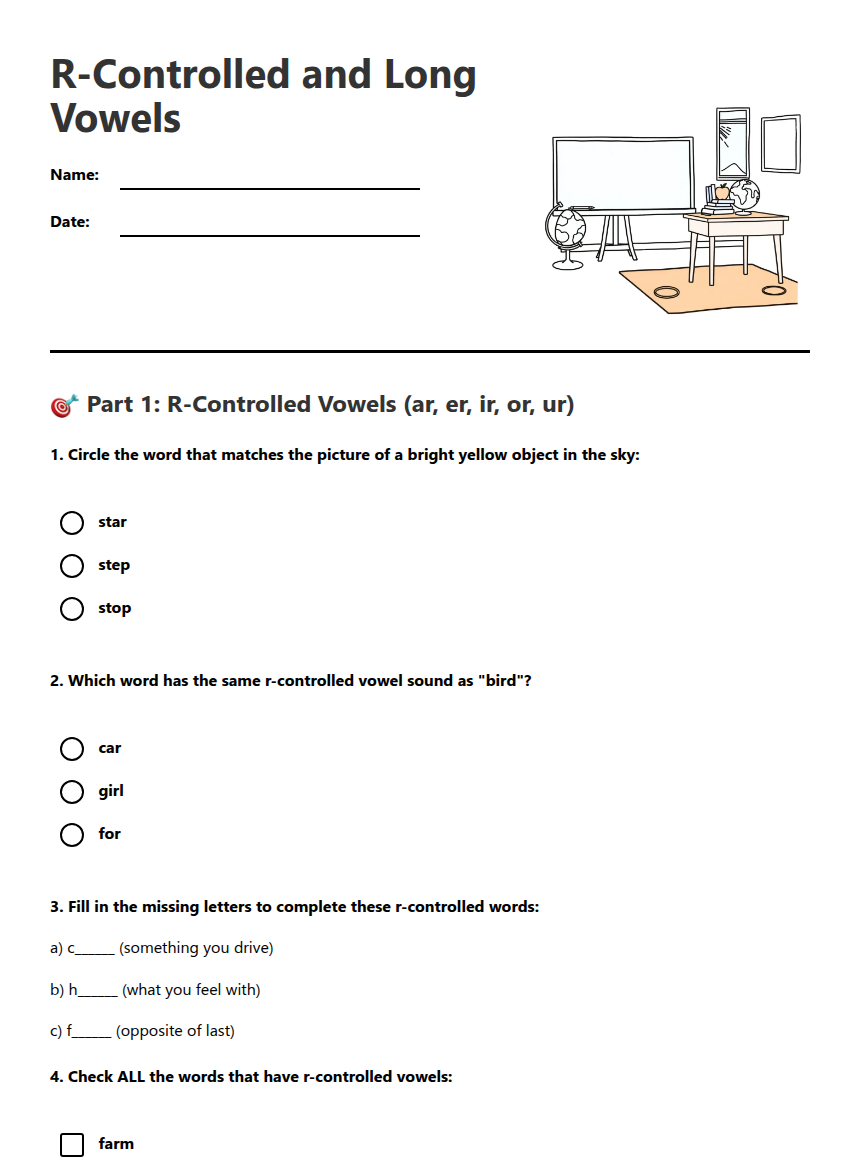 R-Controlled and Long Vowels — Free Printable Worksheet for English ...