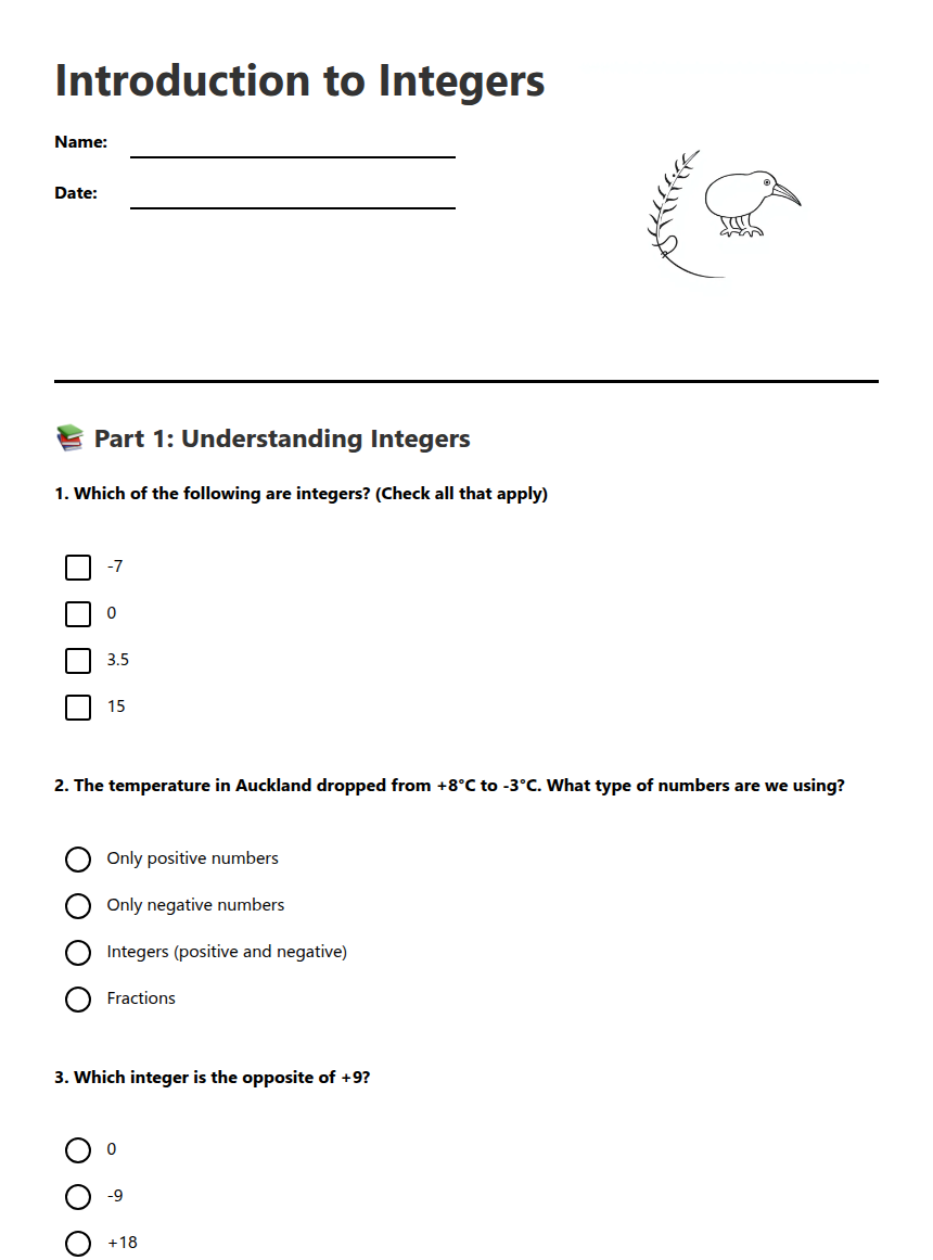 Introduction to Integers — Free Printable Worksheet for Maths | Kuraplan