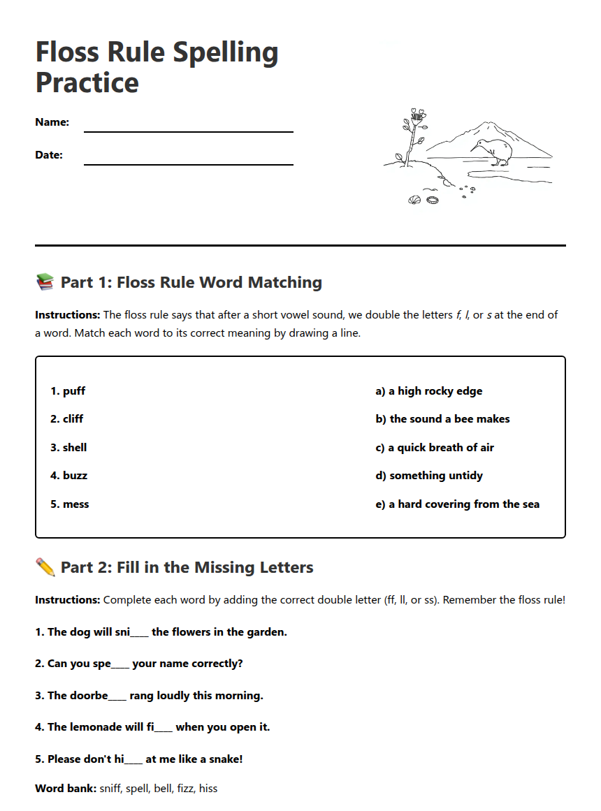 Floss Rule Spelling Practice — Free Printable Worksheet for English ...