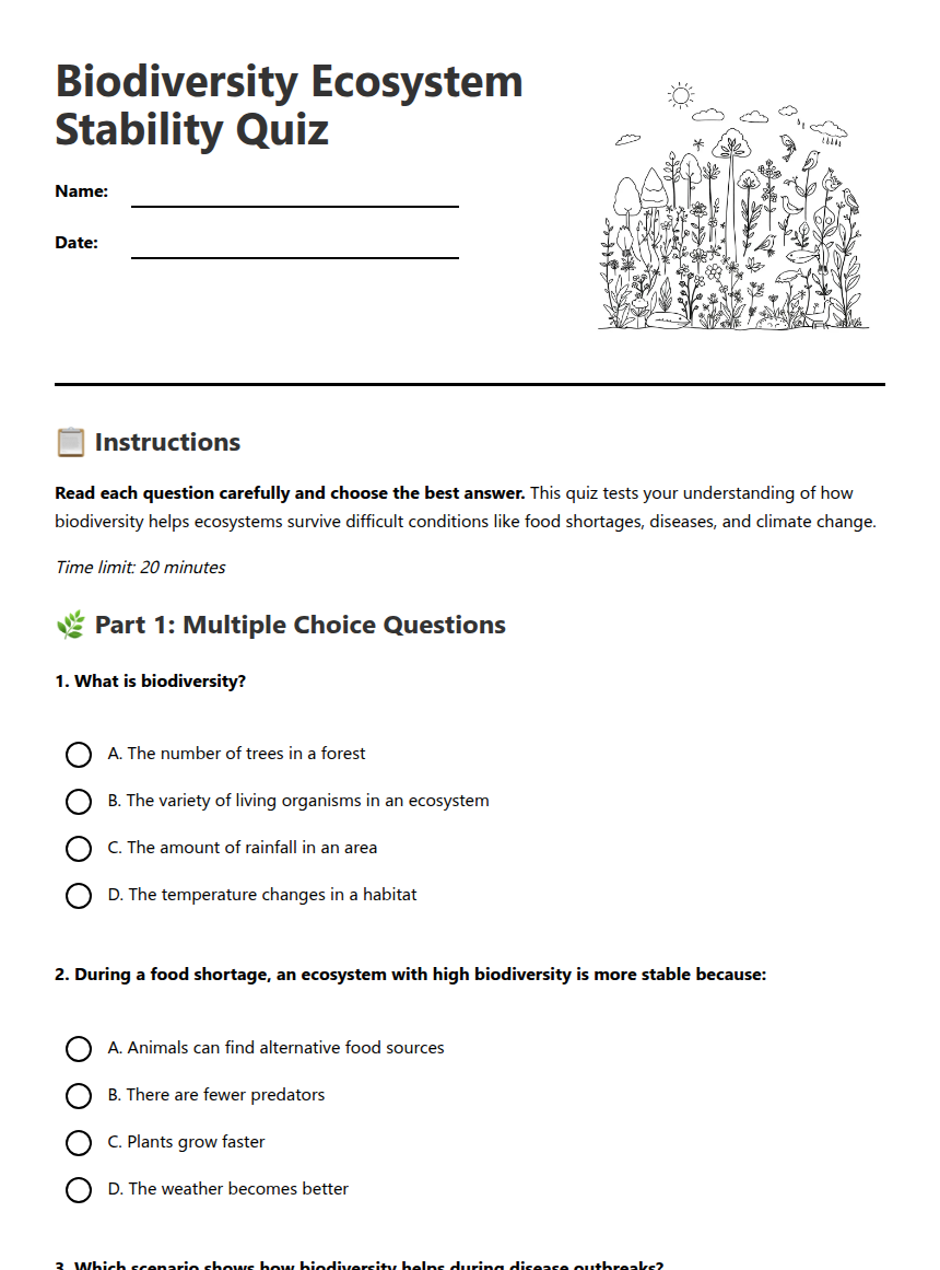 Biodiversity Ecosystem Stability Quiz — Free Printable Worksheet for ...