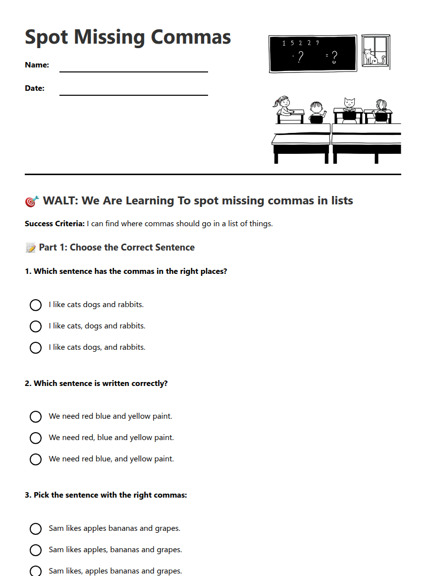 Spot Missing Commas — Free Printable Worksheet for English | Kuraplan