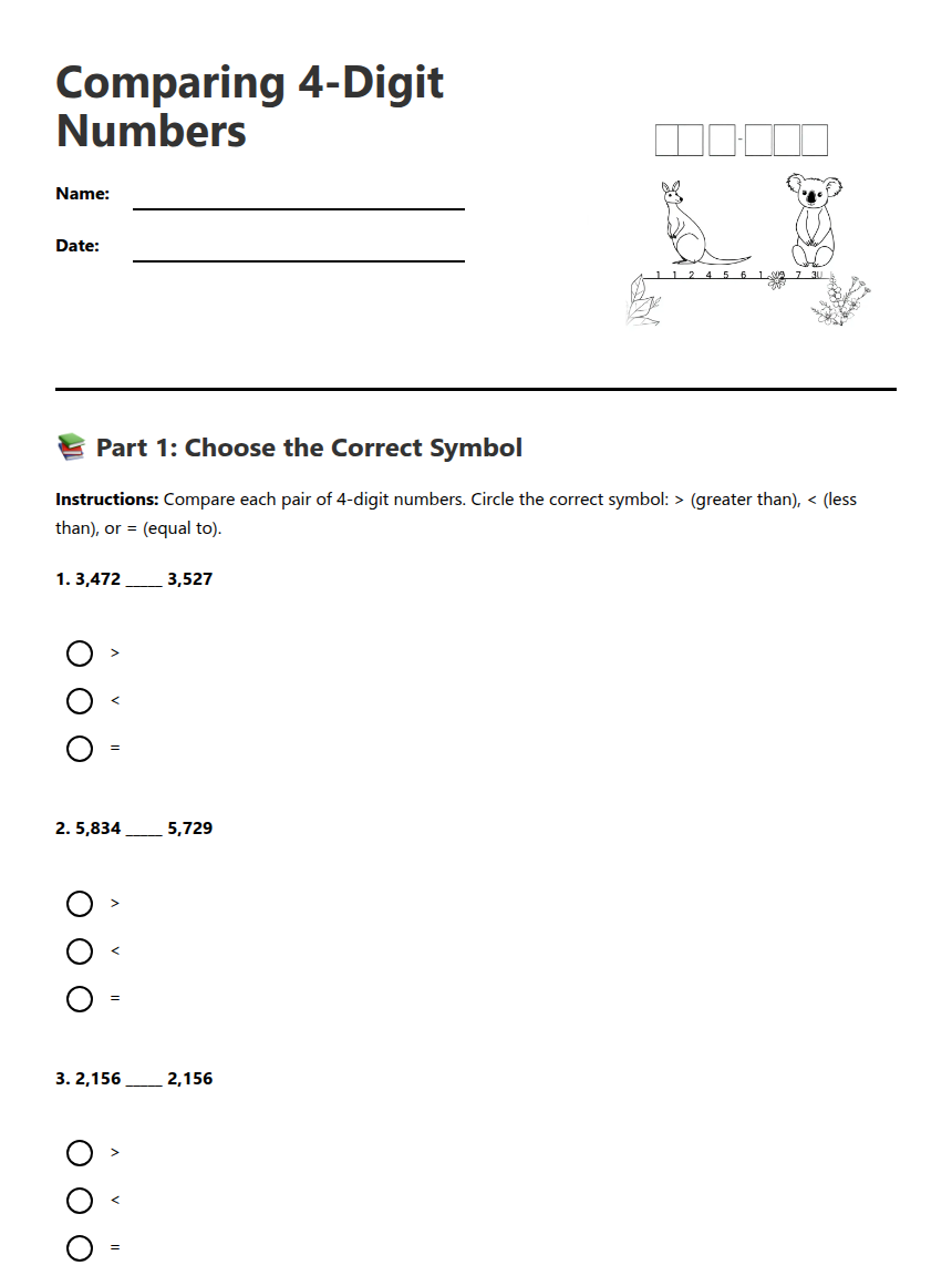 Comparing 4-Digit Numbers — Free Printable Worksheet for Maths | Kuraplan