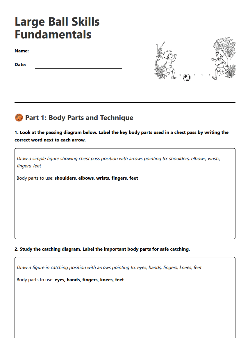 Large Ball Skills Fundamentals — Free Printable Worksheet for PE | Kuraplan