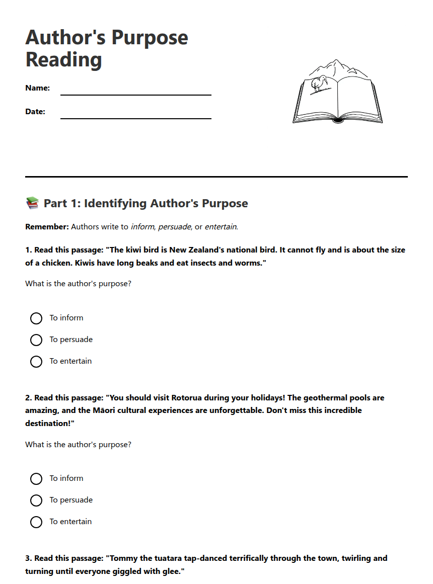 Author's Purpose Reading — Free Printable Worksheet for English | Kuraplan