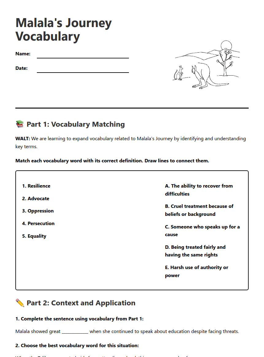 Malala's Journey Vocabulary — Free Printable Worksheet for English ...