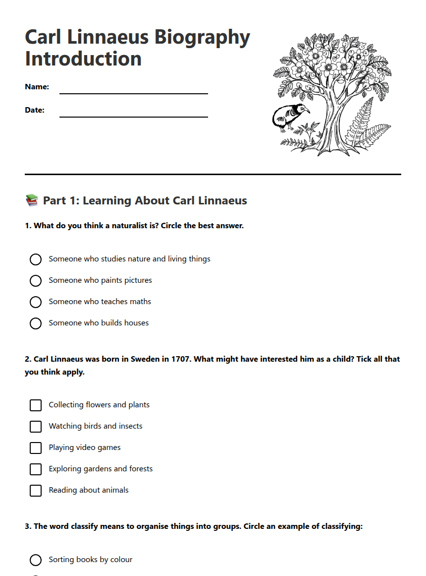 Carl Linnaeus Biography Introduction — Free Printable Worksheet for ...