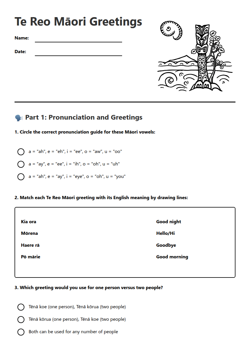 Te Reo Māori Greetings — Free Printable Worksheet for Te Reo Māori ...