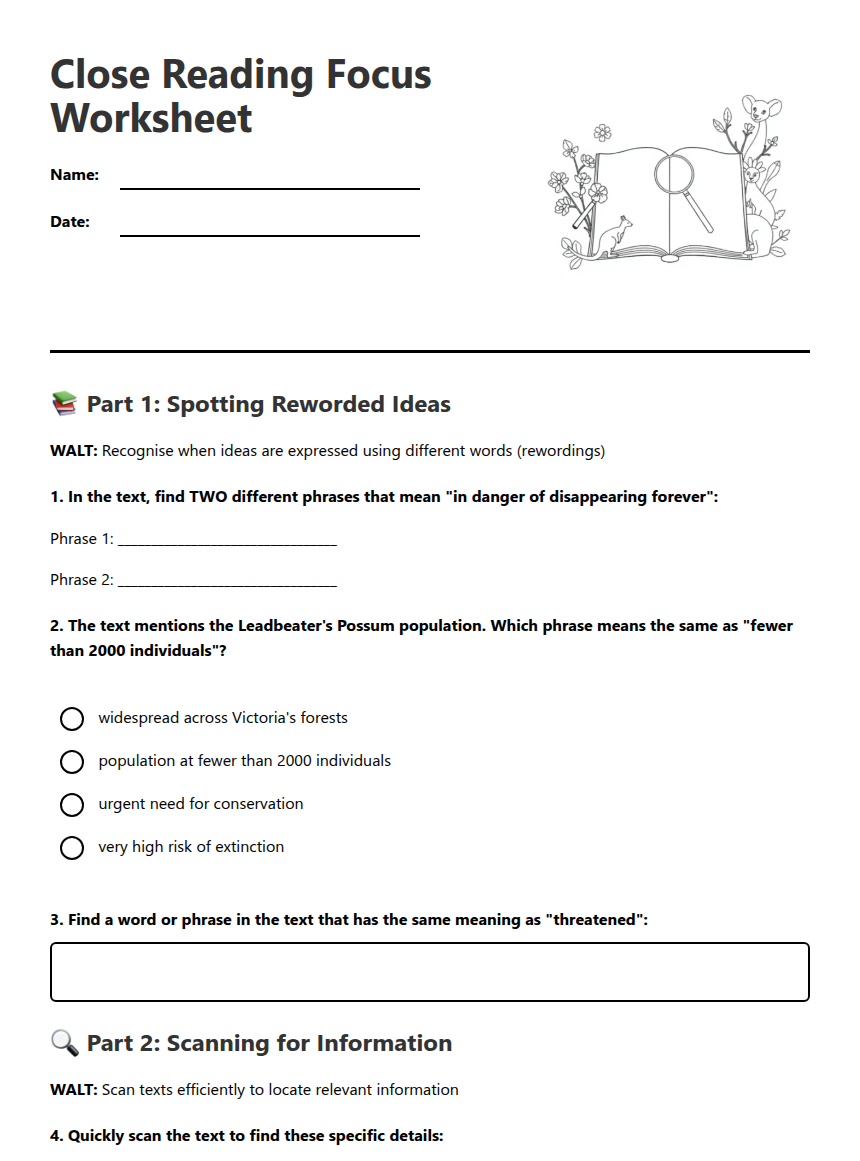 Close Reading Focus Worksheet — Free Printable Worksheet for English ...