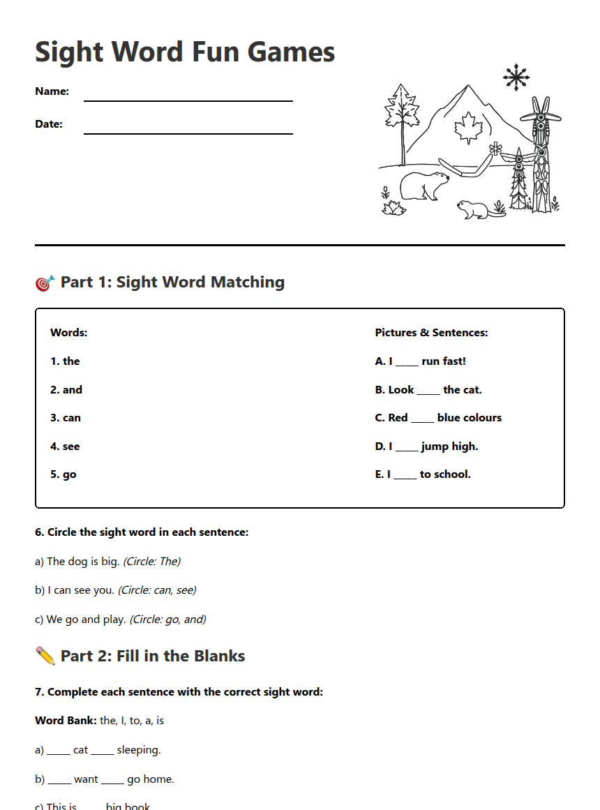Sight Word Fun Games — Free Printable Worksheet for English (ELA ...