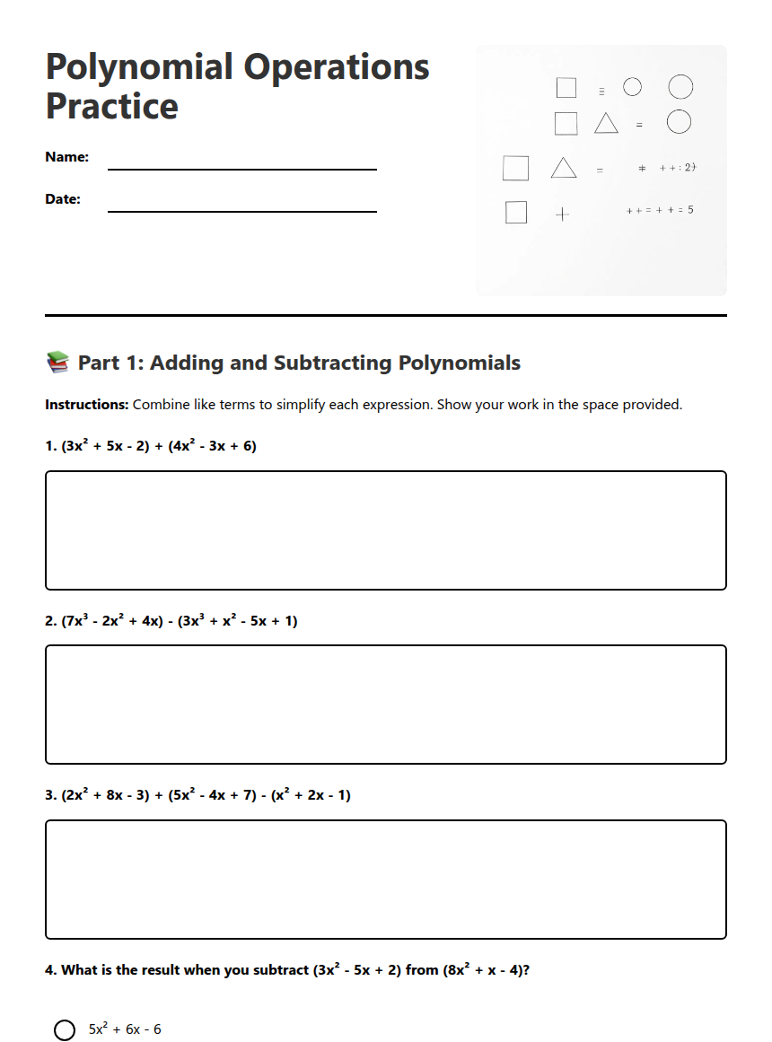 Polynomial Operations Practice — Free Printable Worksheet for ...