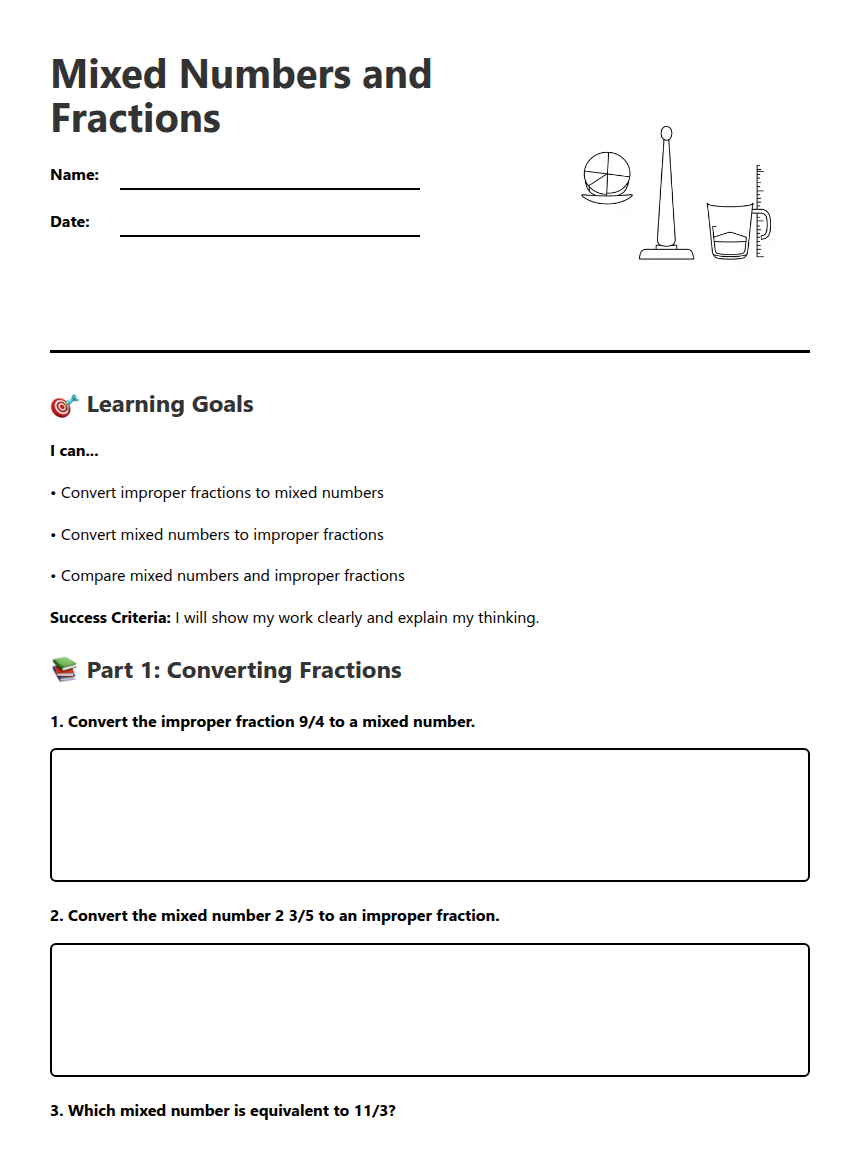 Mixed Numbers and Fractions — Free Printable Worksheet for Mathematics ...