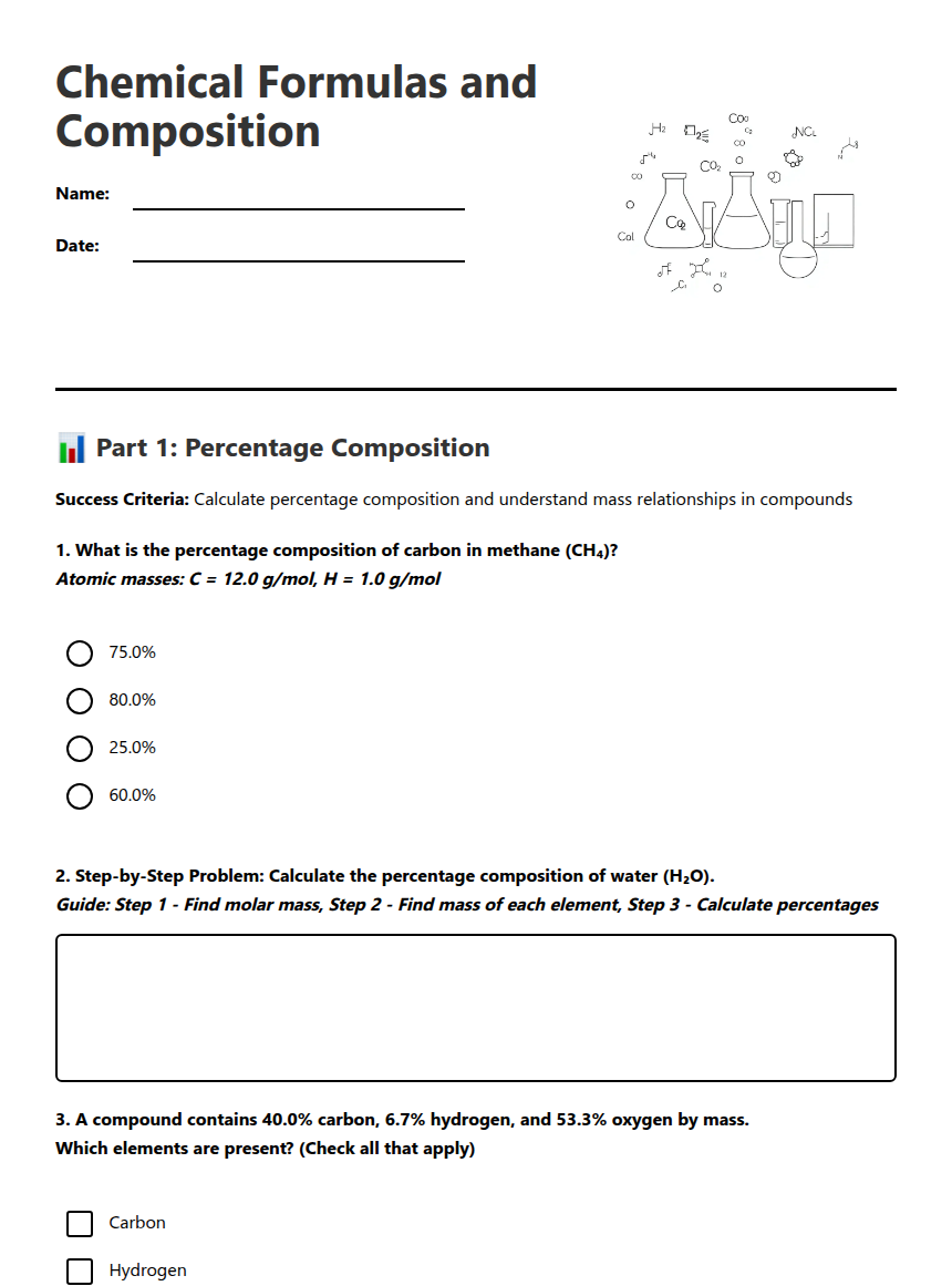 Chemical Formulas and Composition — Free Printable Worksheet for ...