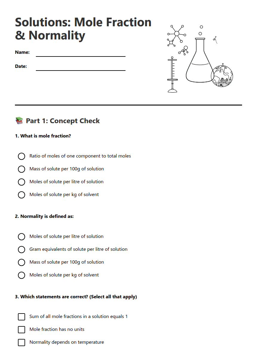 Solutions: Mole Fraction Normality — Free Printable Worksheet for ...