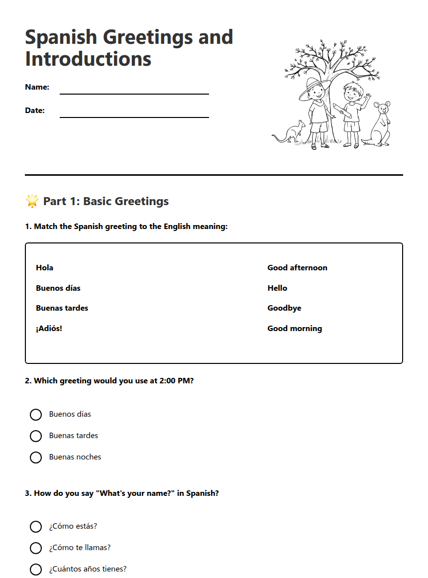 Spanish Greetings and Introductions — Free Printable Worksheet for ...