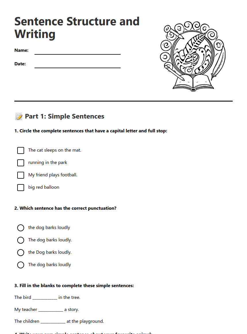 Sentence Structure and Writing — Free Printable Worksheet for English ...