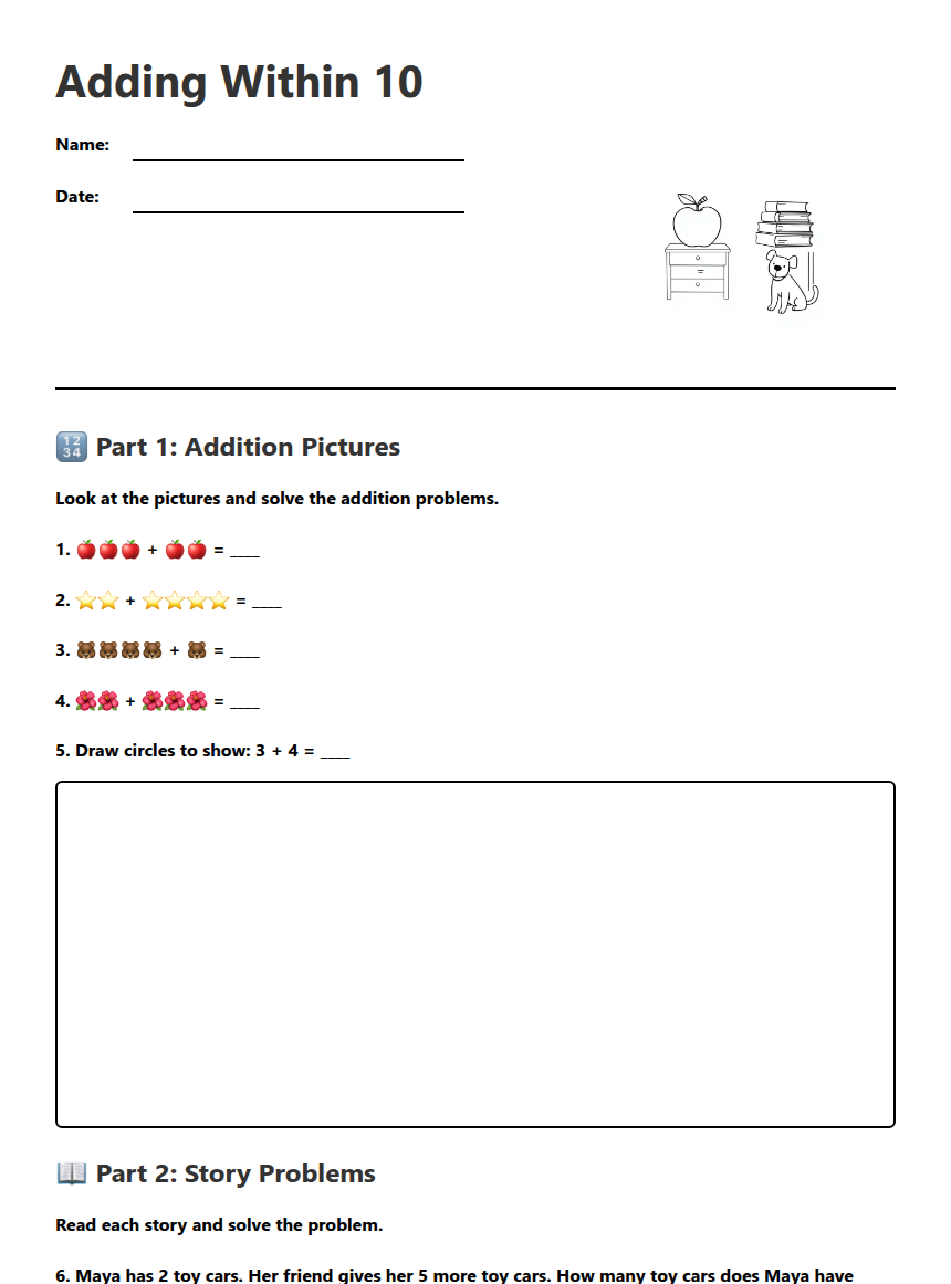 Adding Within 10 — Free Printable Worksheet for Mathematics | Kuraplan