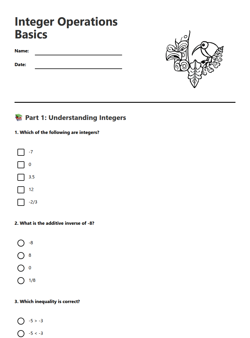 Integer Operations Basics — Free Printable Worksheet for Maths | Kuraplan