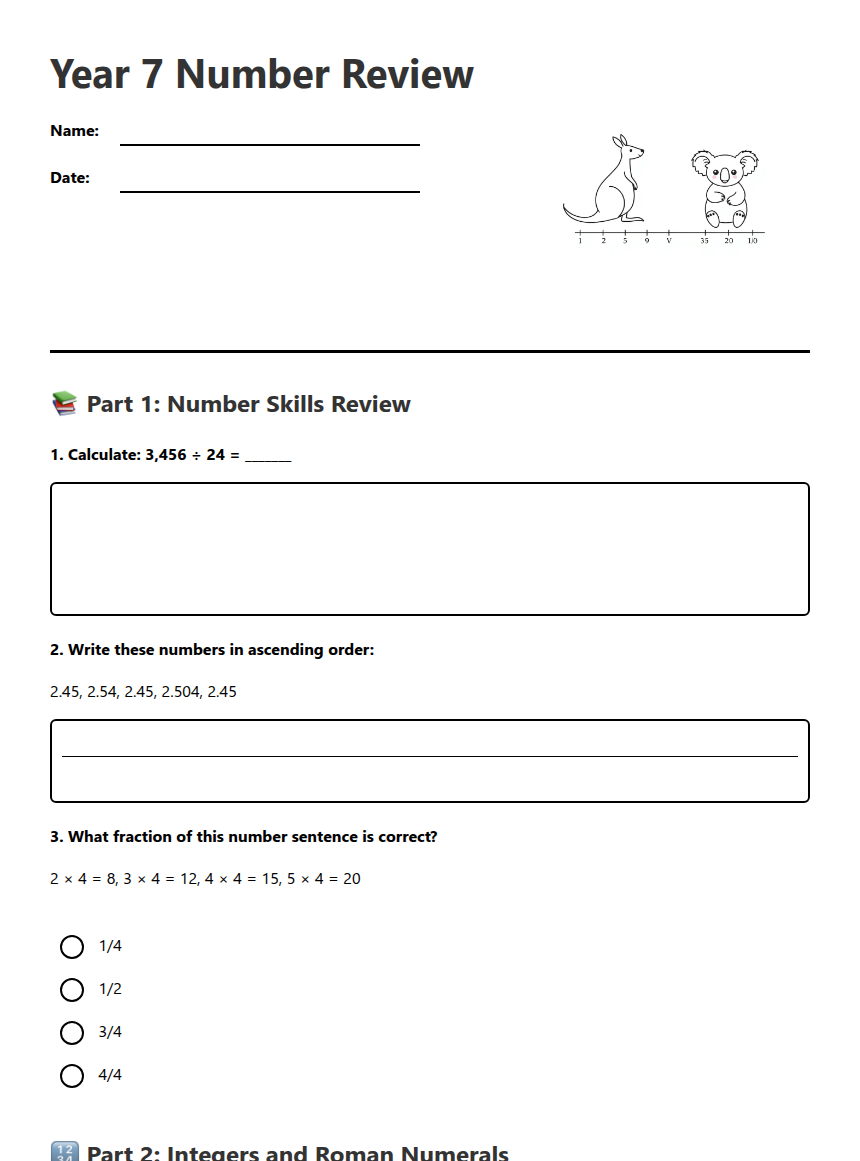 Year 7 Number Review — Free Printable Worksheet for Mathematics | Kuraplan