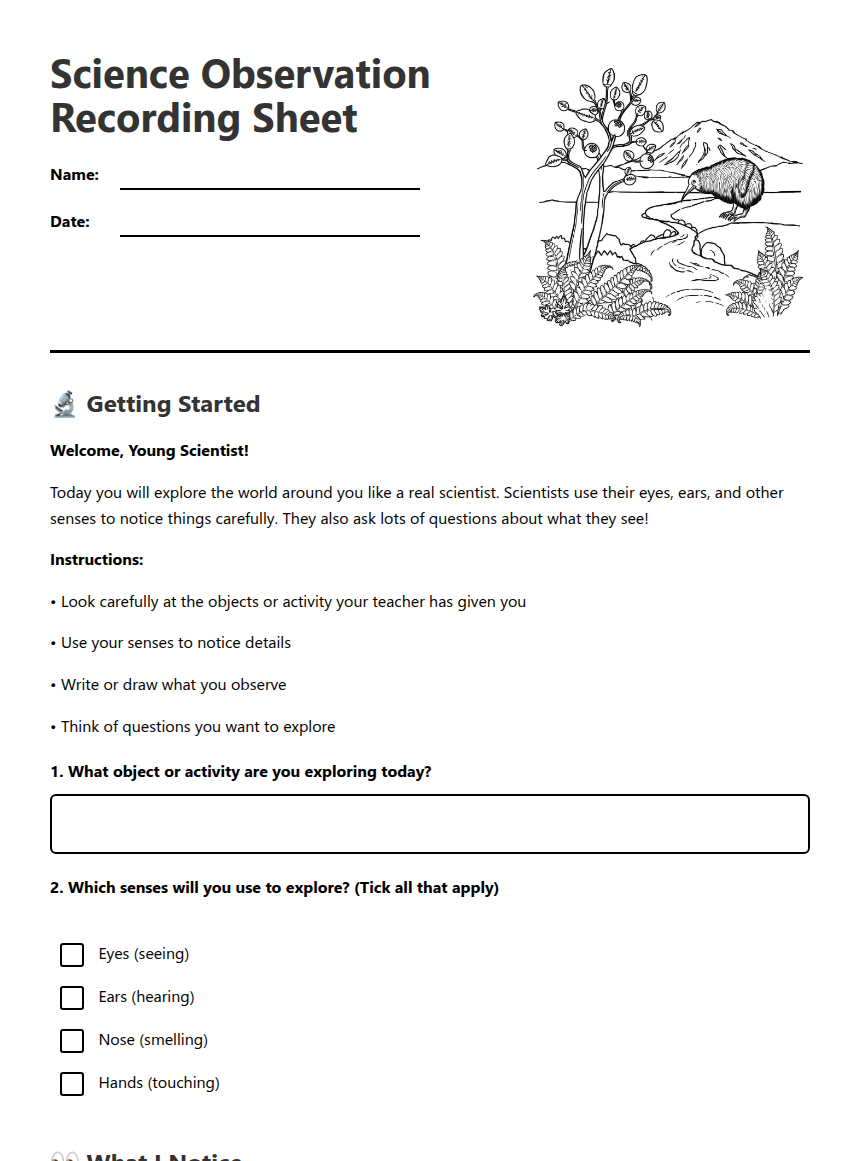 Science Observation Recording Sheet — Free Printable Worksheet for ...
