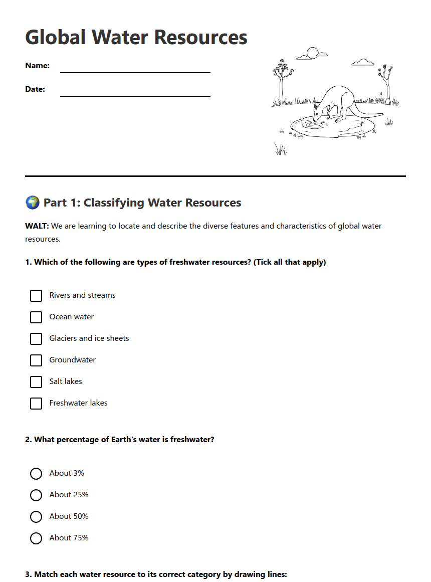 Global Water Resources — Free Printable Worksheet for Social Sciences ...