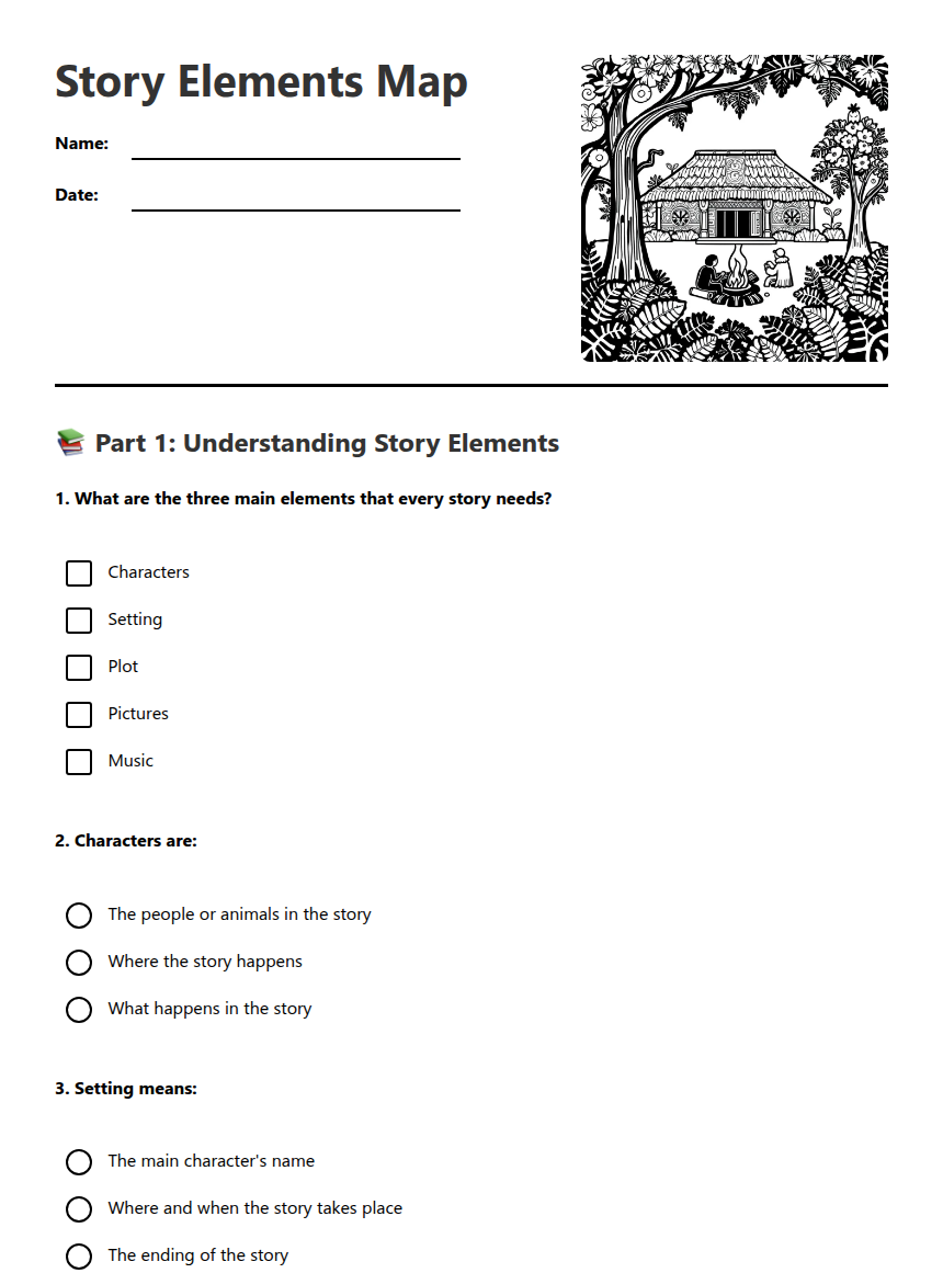 Story Elements Map — Free Printable Worksheet for English | Kuraplan