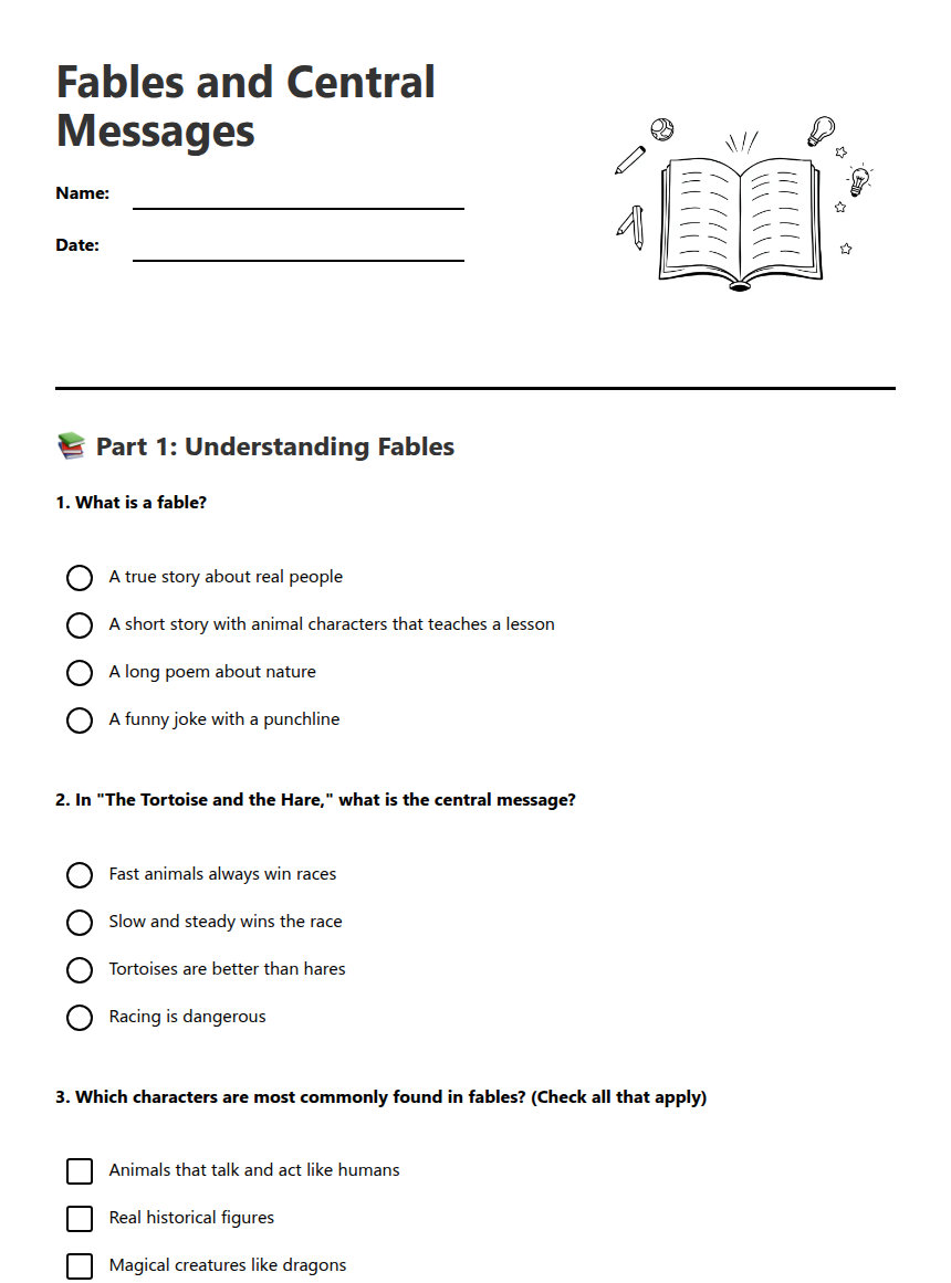 Fables and Central Messages — Free Printable Worksheet for English (ELA ...
