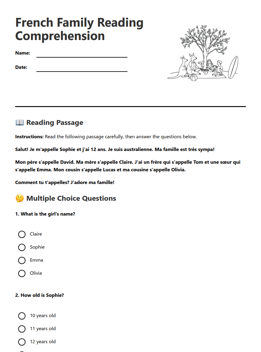 French Family Reading Comprehension — Free Printable Worksheet for ...