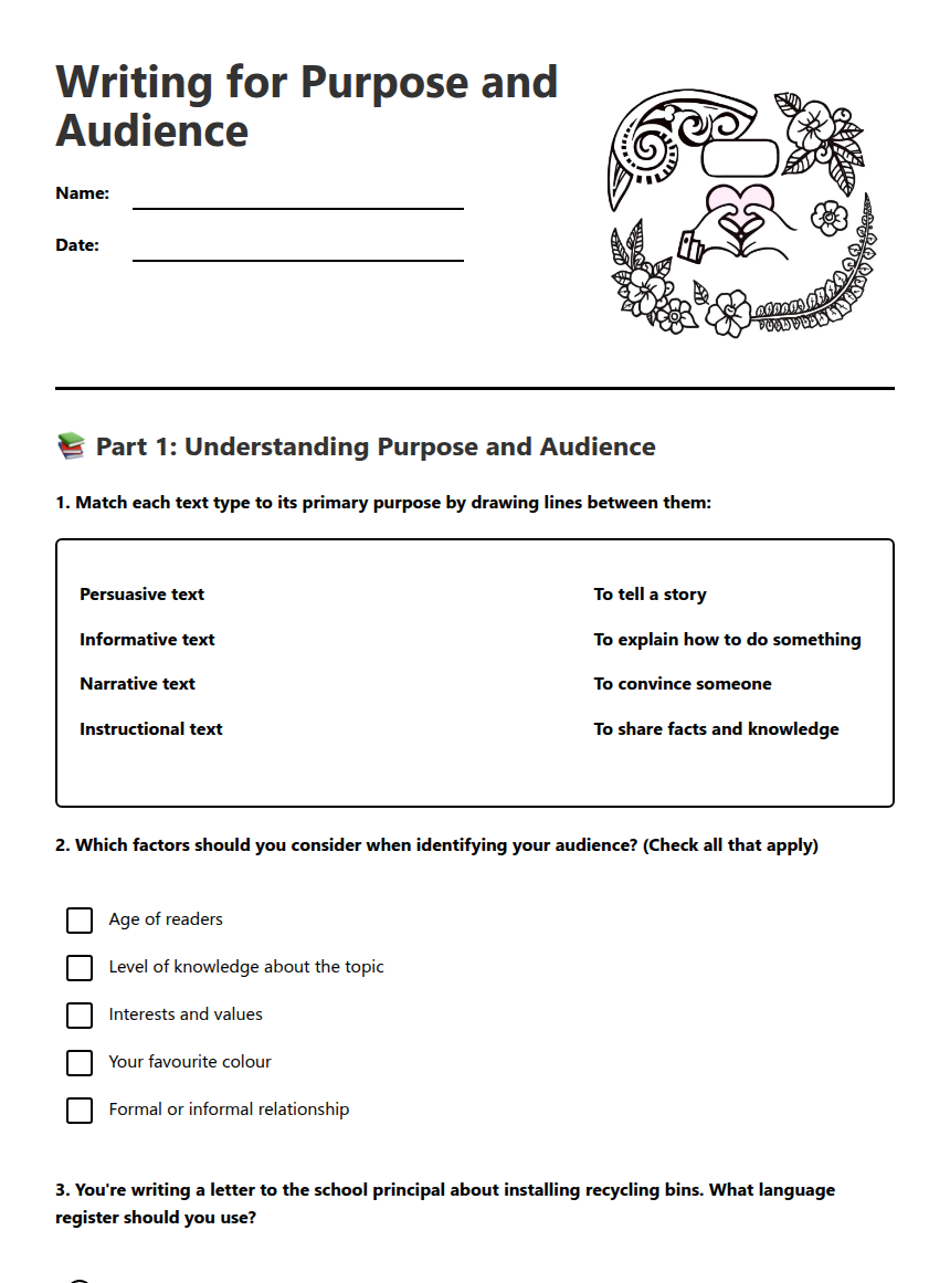 Writing for Purpose and Audience — Free Printable Worksheet for English ...