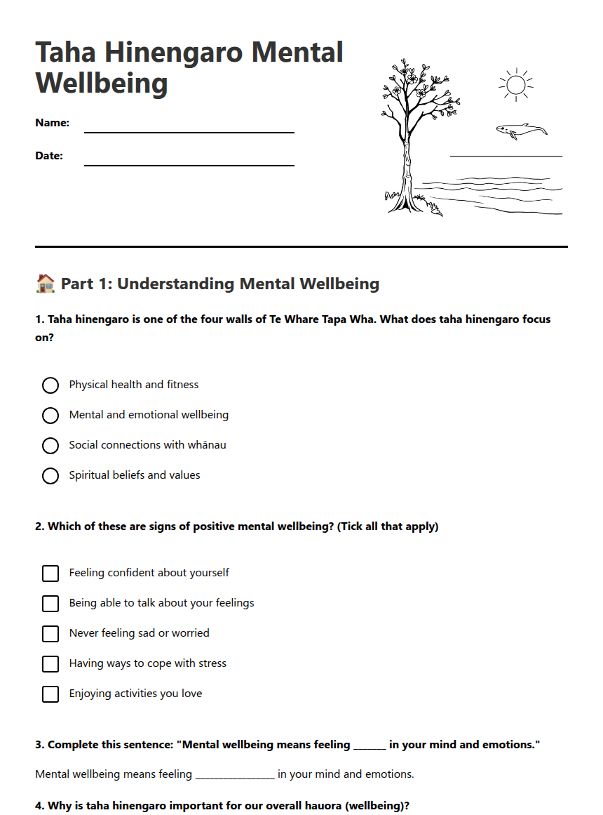 Taha Hinengaro Mental Wellbeing — Free Printable Worksheet for Health ...