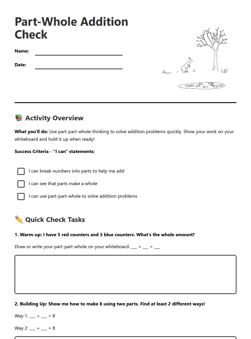 Part-Whole Addition Check — Free Printable Worksheet for Mathematics ...