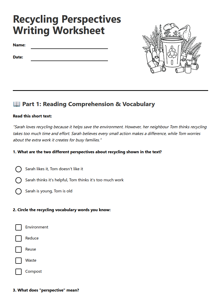 Recycling Perspectives Writing Worksheet — Free Printable Worksheet for ...