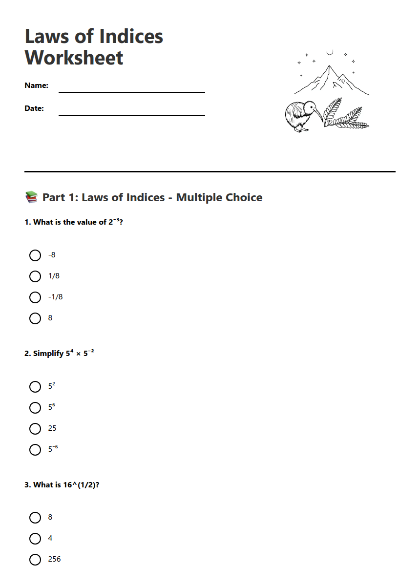 Laws of Indices Worksheet — Free Printable Worksheet for Maths | Kuraplan